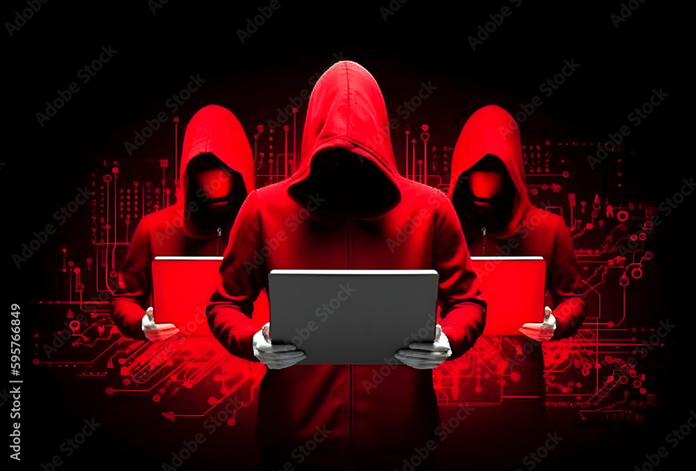 Three hackers without face. Concept of red hat, hacker group ...