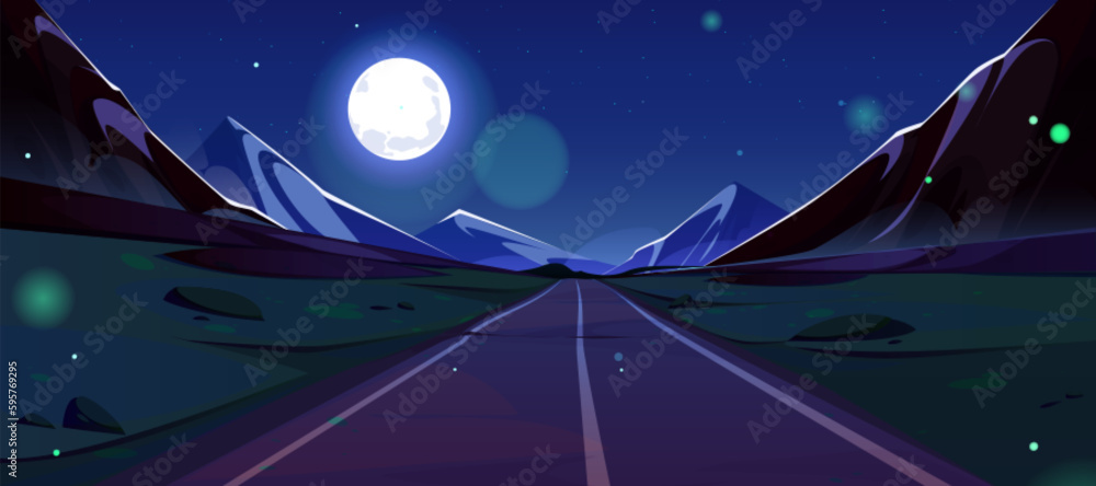 Road and mountain cartoon night landscape. Dark blue sky and full moon ...