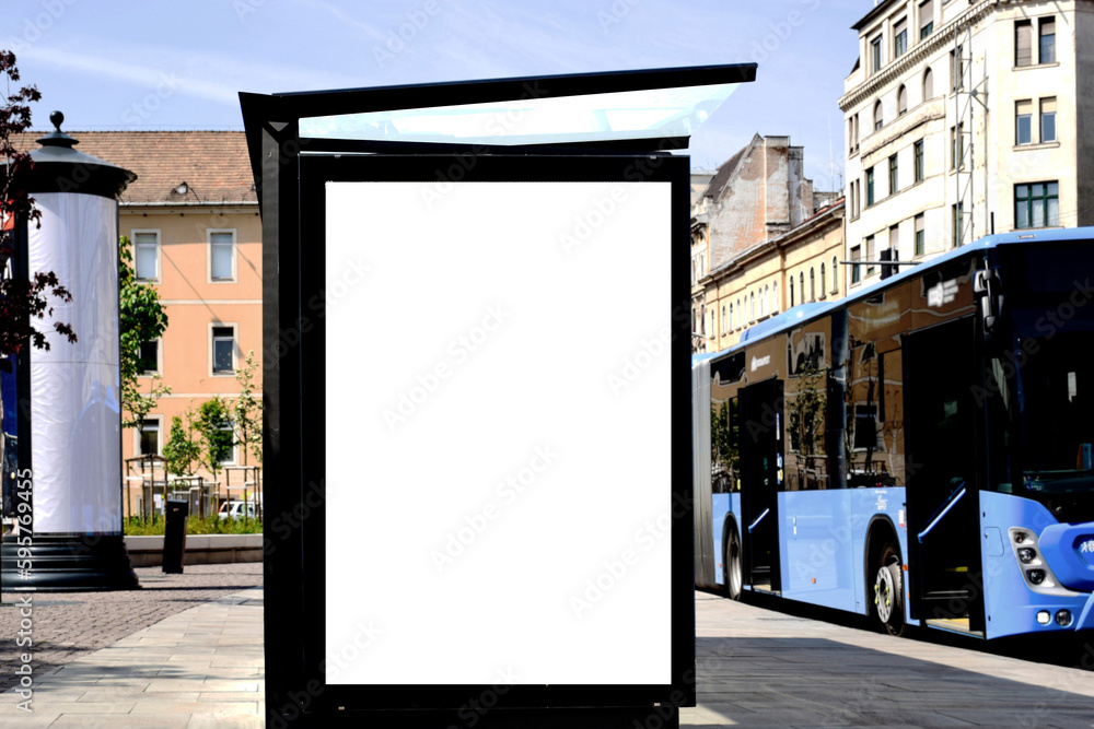 bus shelter blank ad panel. billboard display. empty white lightbox ...