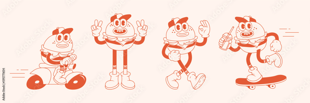 Burger retro cartoon fast food stickers. Comic character with happy ...