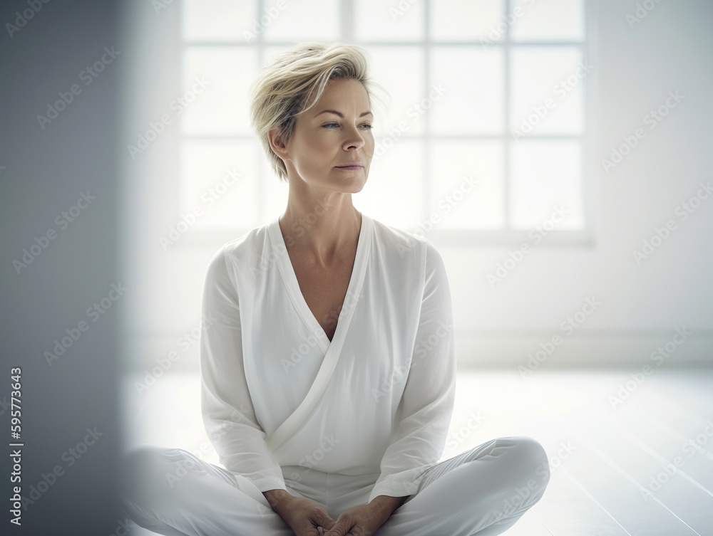 Beautiful woman in white clothes sitting meditating in white room ...