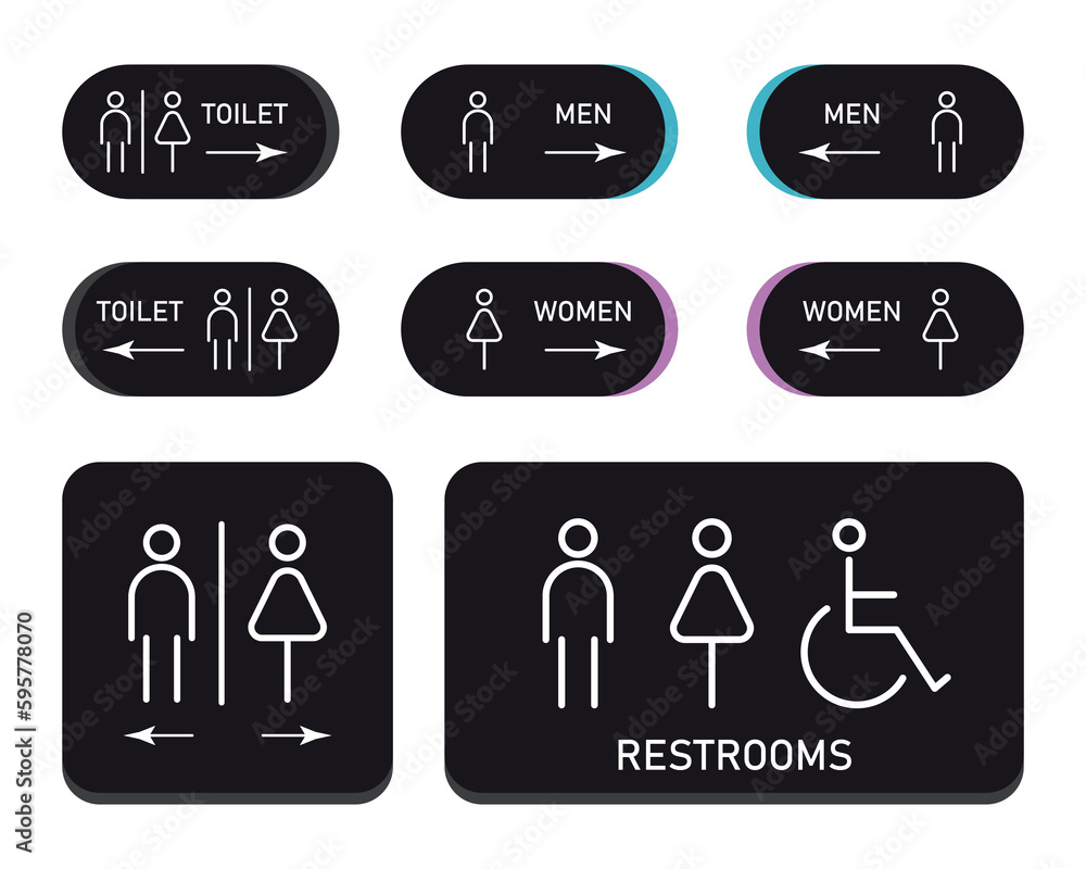 Set toilet signs. Men and women restroom icon sign right arrow ...