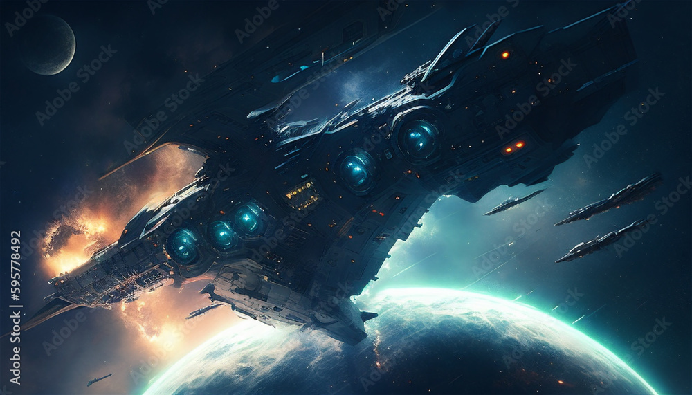 Long and Sharp Blue Gray Spaceship in exodus above a Planet in Space ...