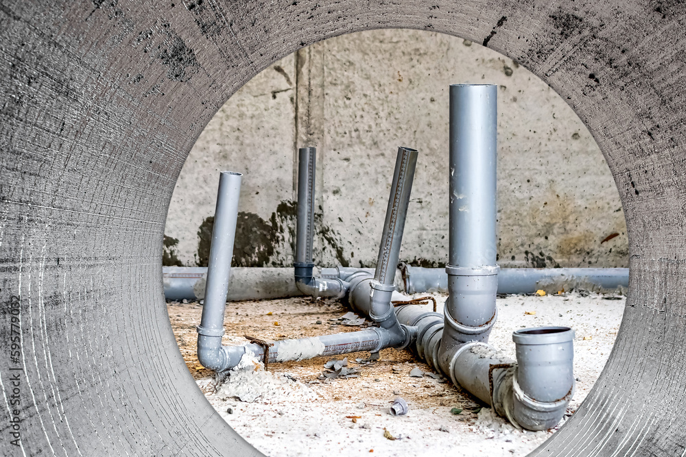 Sewer pipes in home basement. System of gray sanitary pipes when ...