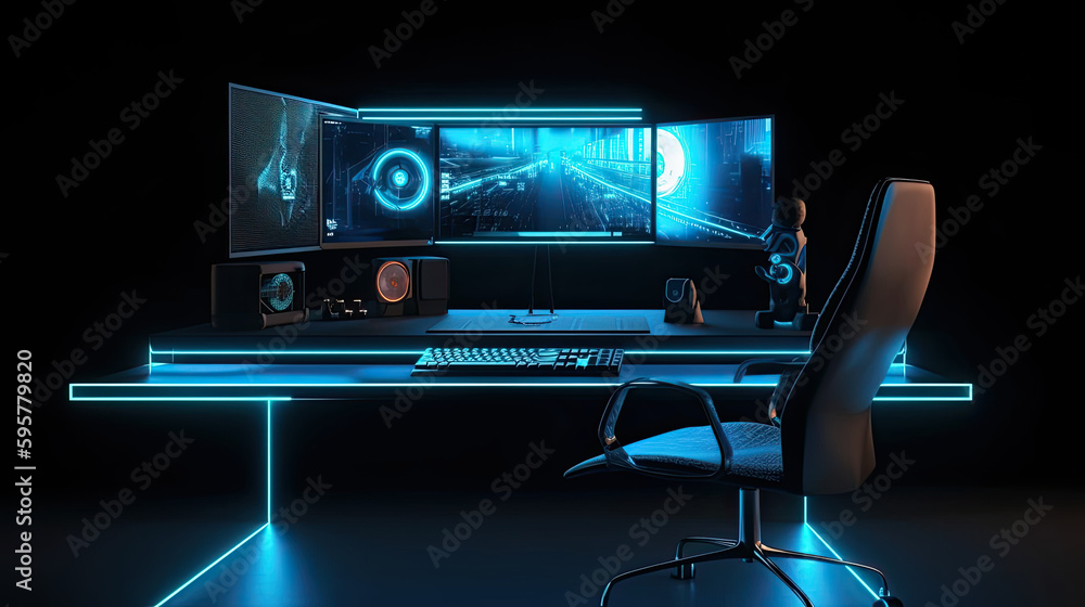 Modern gamer computer desk setup with RGB lights on background. Desktop ...