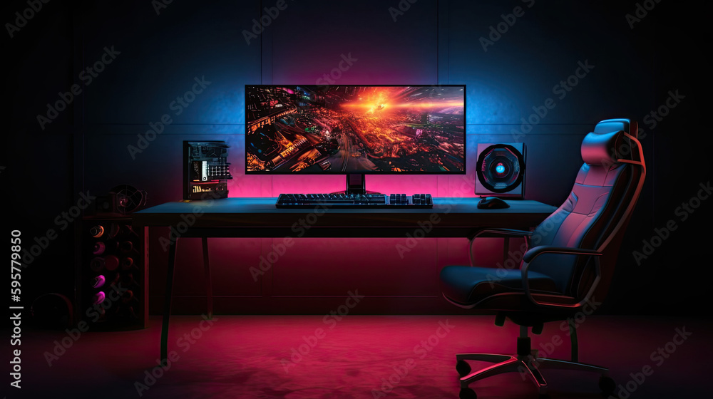 Modern gamer computer desk setup with RGB lights on background. Desktop ...
