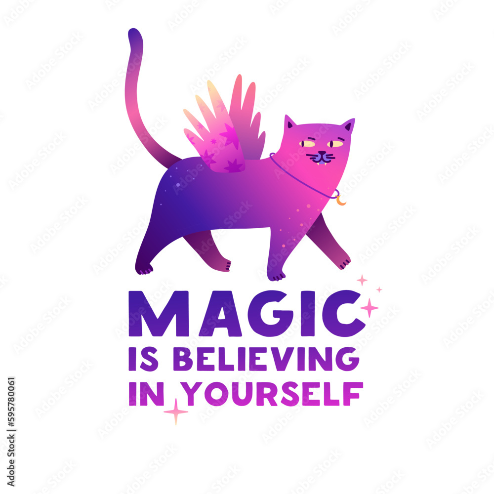 Cute illustration with mystical shiny cat. Magic characters of cat with ...