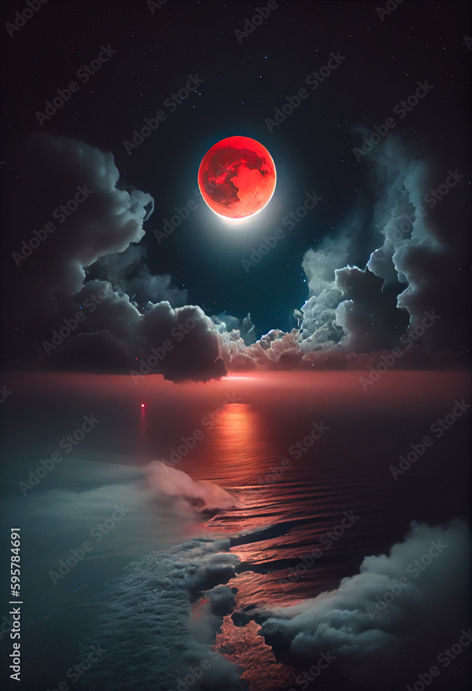 Full red moon with reflection closeup showing the details of the lunar ...