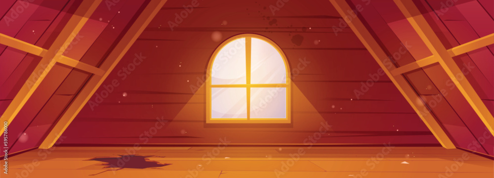 House attic interior with wooden beams, floor and window. Empty old ...