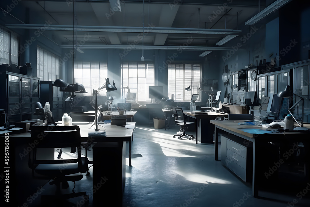 Messy abandoned office after company shut down: the desk is cluttered ...