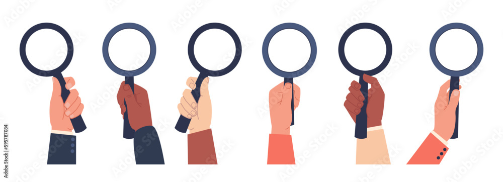 Concept of search, research and analysis, hands holding magnifying ...