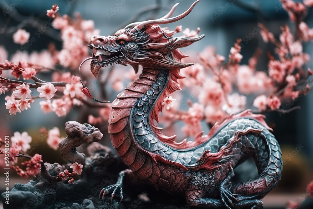 Mythological Chinese dragon in blooming sakura. Generative AI ...