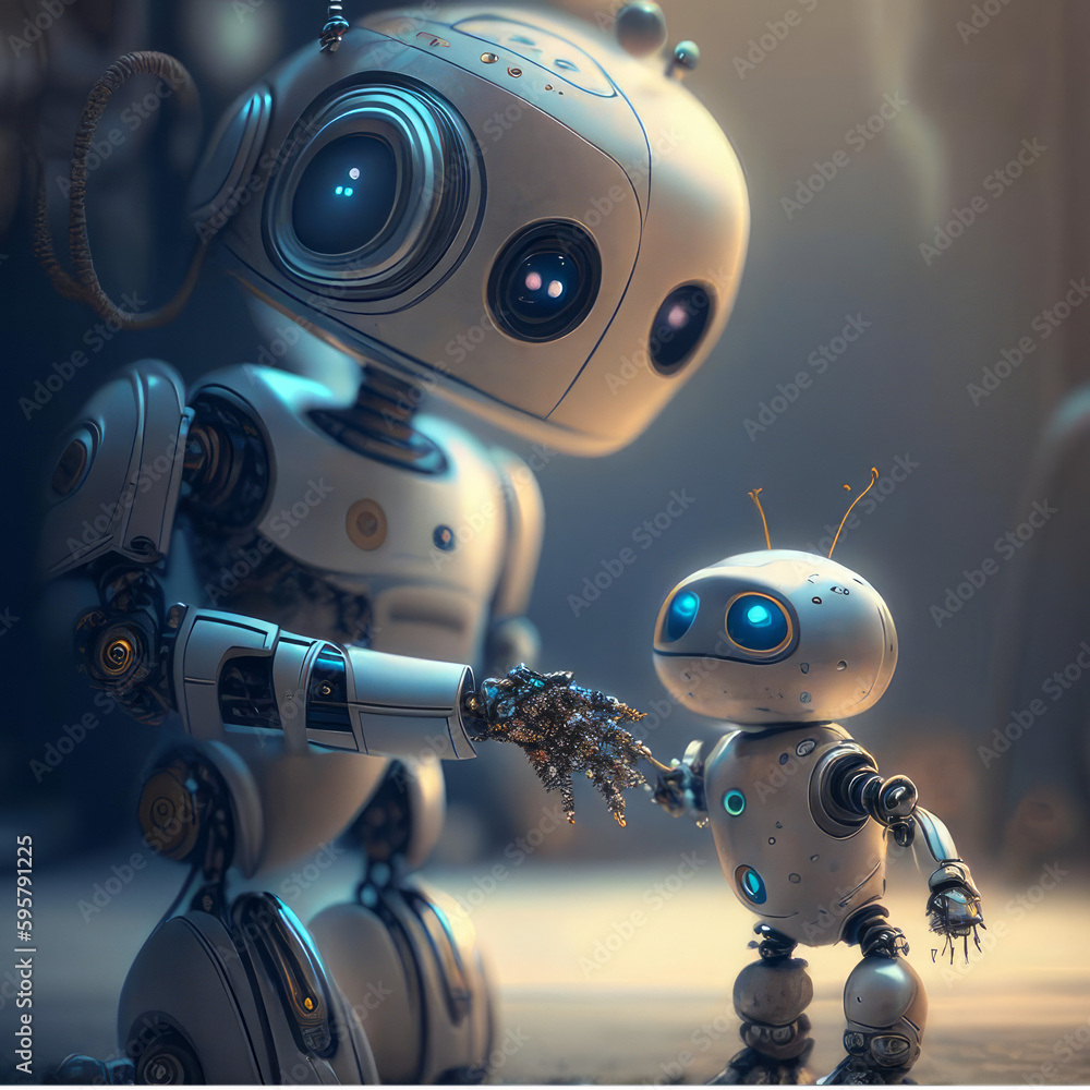 Cute little 3D animated robot with a child-like robot. Illustration of ...