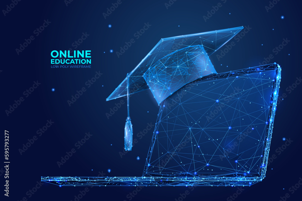 Abstract graduation cap on a laptop. Education online concepts. Low ...