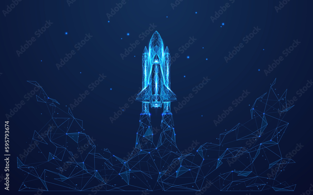 Abstract space shuttle launches into space. Glowing rocket and smoke ...