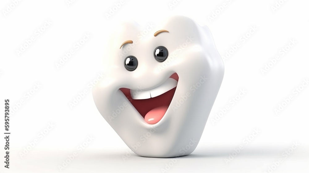 Generative AI, realistic cartoon style, and a smiling tooth on a white ...