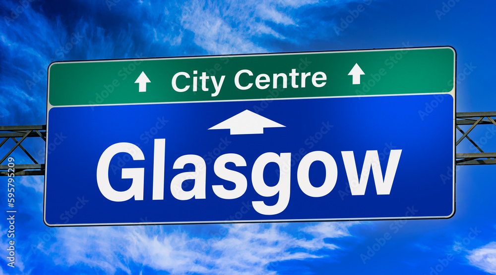 Road sign indicating direction to the city of Glasgow Photos | Adobe Stock