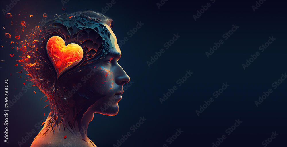 Brain of young man with heart splash, love and passion, self esteem and ...