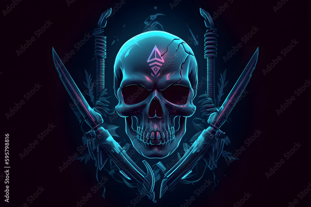 Blue punk cyber human skull with weapon. Neural network AI generated ...