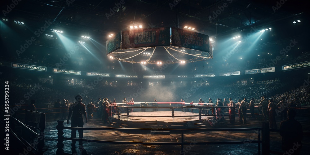 ภาพประกอบสต็อก Empty MMA arena side view under lights. Cage fight arena. View of fighting arena ...
