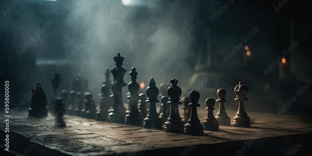 Chess figures on a dark background with smoke and fog. Epic chess game ...