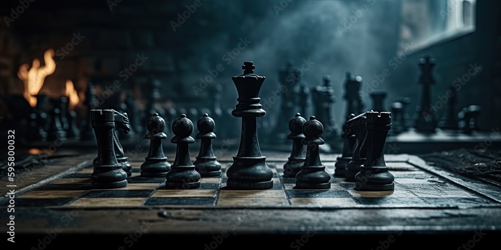 Chess figures on a dark background with smoke and fog. Epic chess game ...