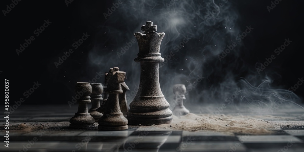 Chess figures on a dark background with smoke and fog. Epic chess game ...