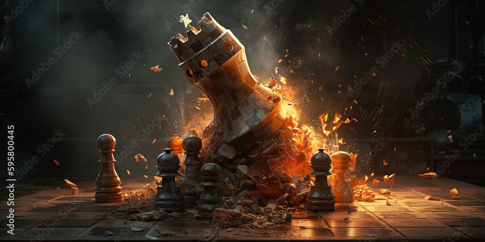 Explosion of a chess piece on a chessboard. Chess board game concept of ...