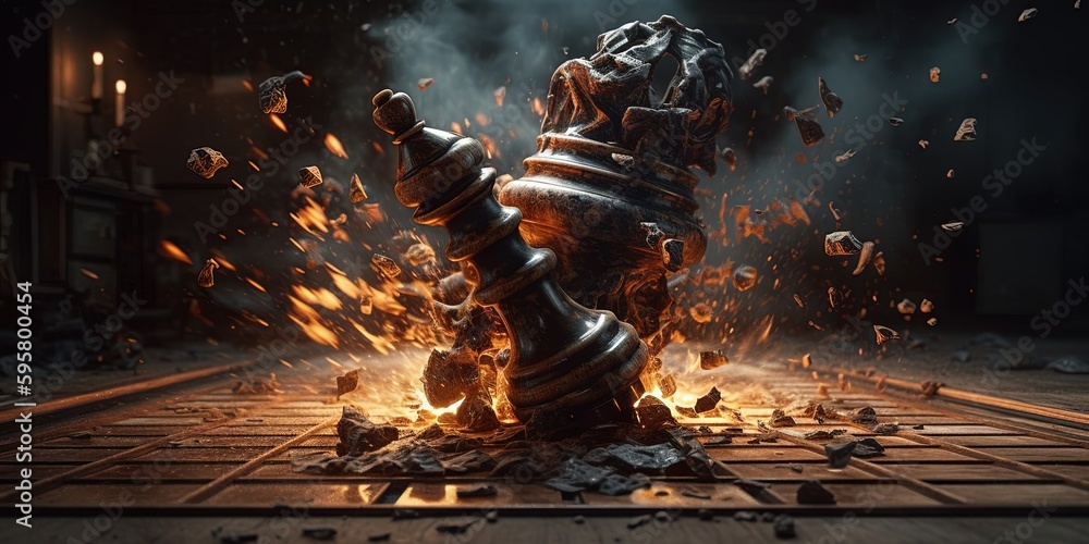 Explosion of a chess piece on a chessboard. Chess board game concept of ...