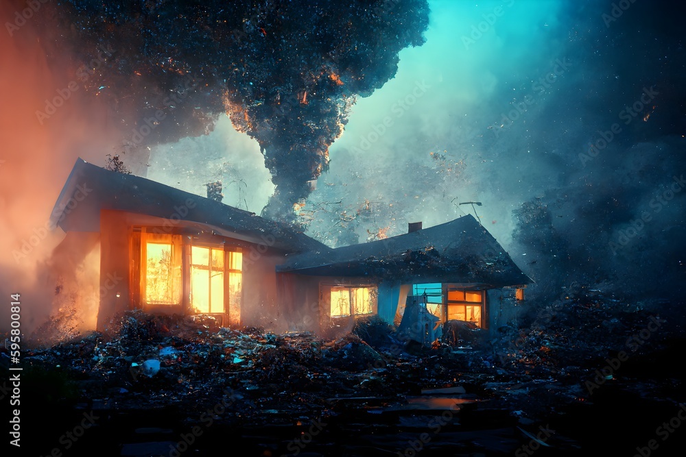 3D an old suburban house with porch exploding floor covered in dirty ...