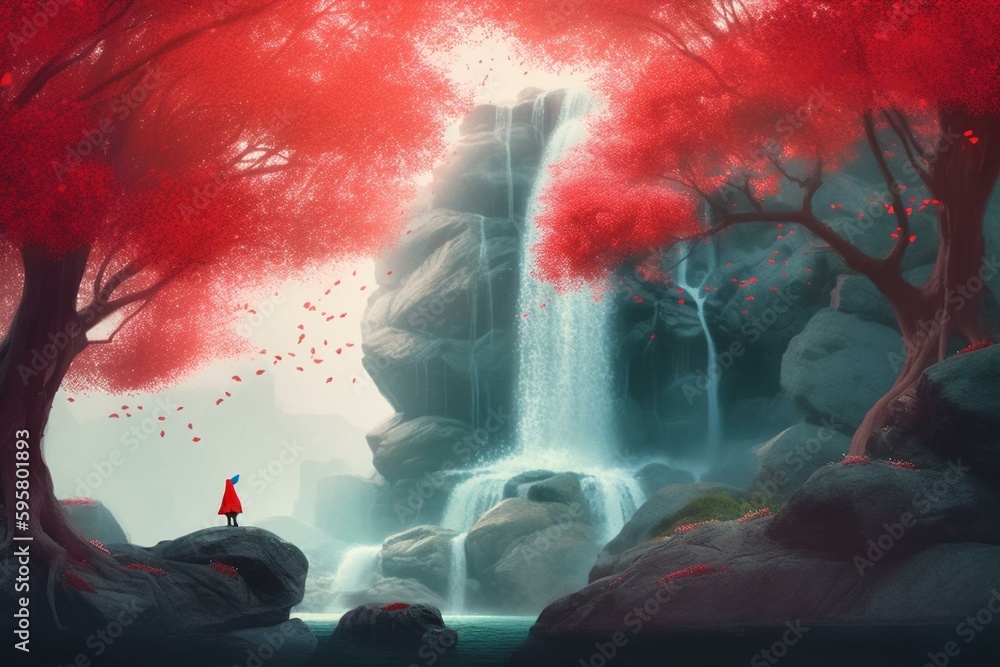 Watercolor style art: forest waterfall & red tree with realistic ...