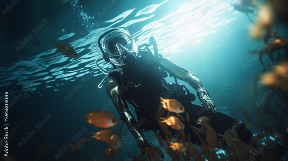 Girl scuba diver diving on tropical reef with blue background and reef ...