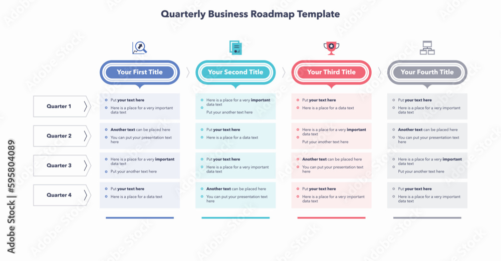 Quarterly business roadmap template with four colorful sections. Flat ...
