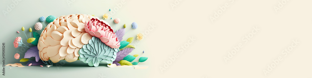 Human brain with spring colorful flowers. World Mental Health day ...