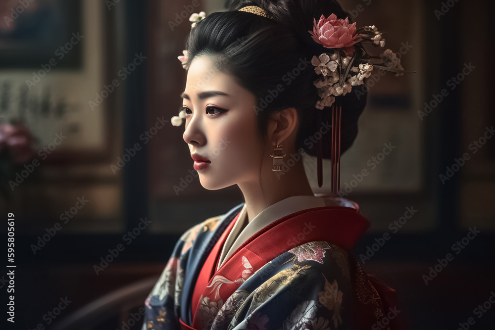 a young Japanese geisha in a vintage artist period style, with ...