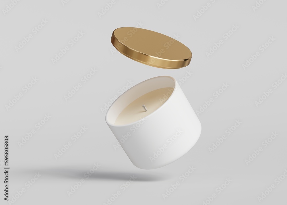White ceramic candle jar with gold lid open floating mockup, 3D render Stock Illustration ...