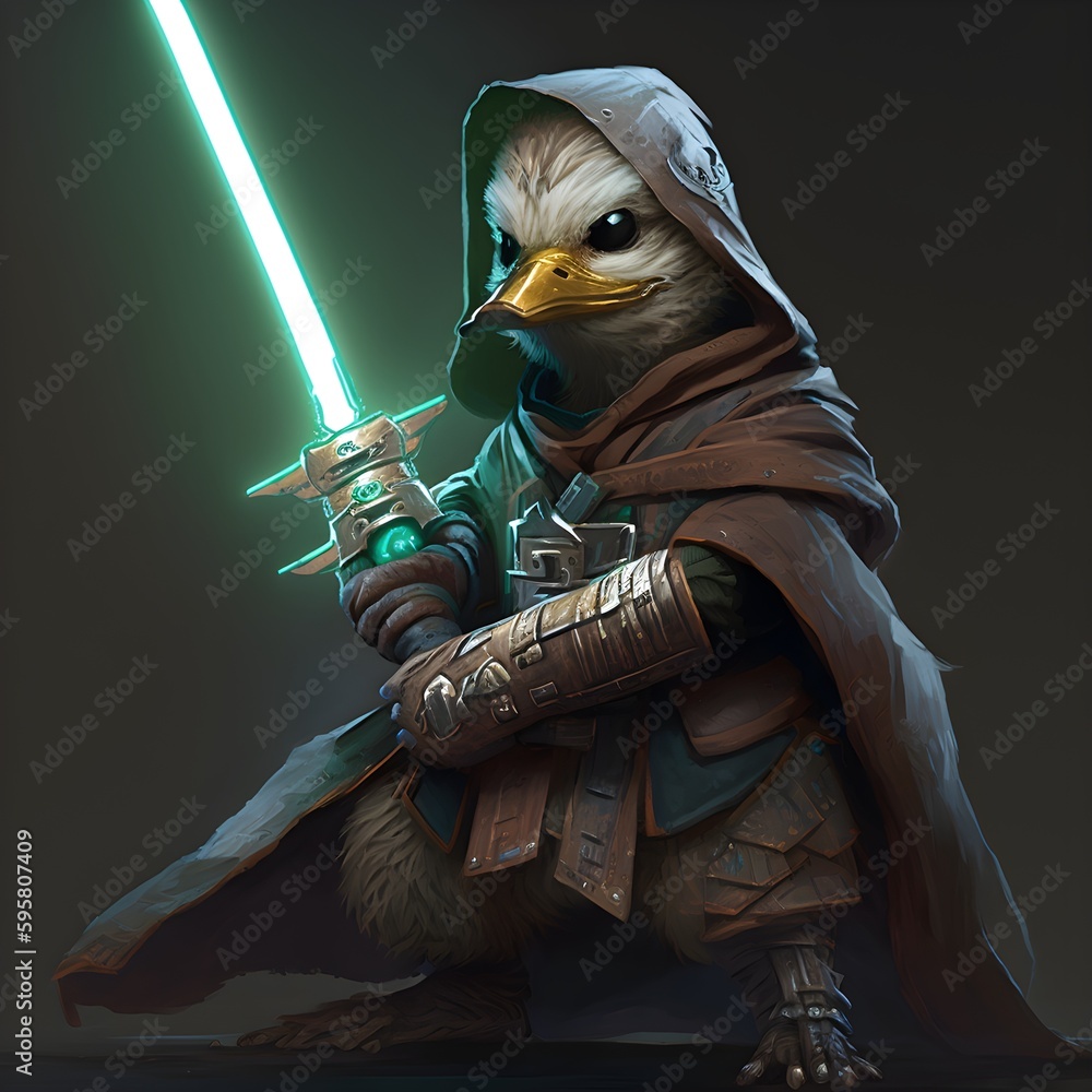Cyberpunk Dagobert Duck as a Jedi from Star Wars holding a Lightsaber ...