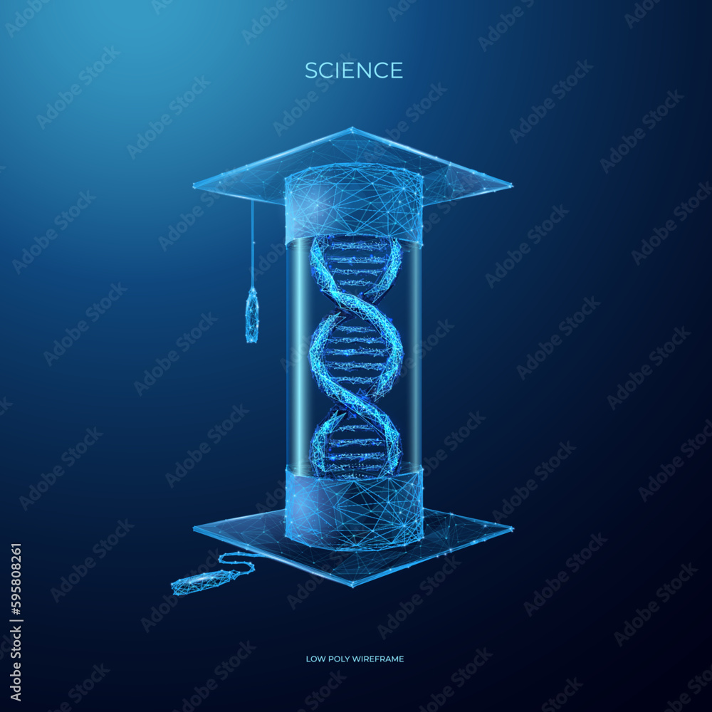 Science and Education concept. DNA and Graduation Cap. Abstract low ...