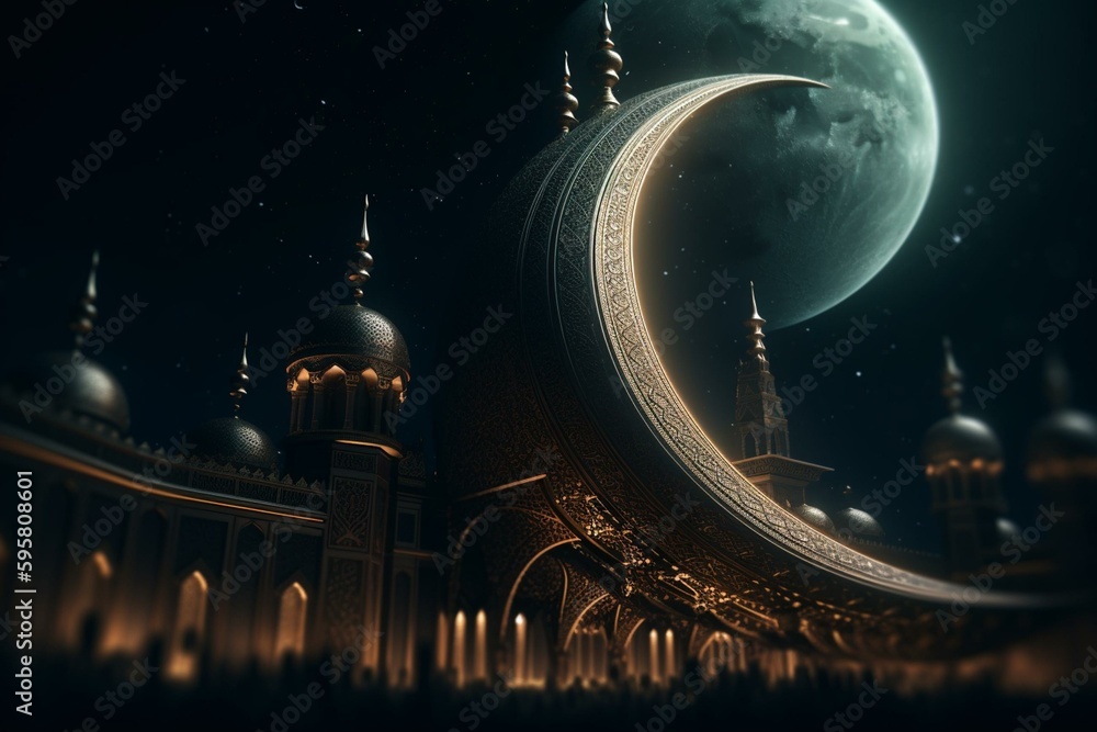 Shiny crescent moon with carved mosque on night background in 3D ...