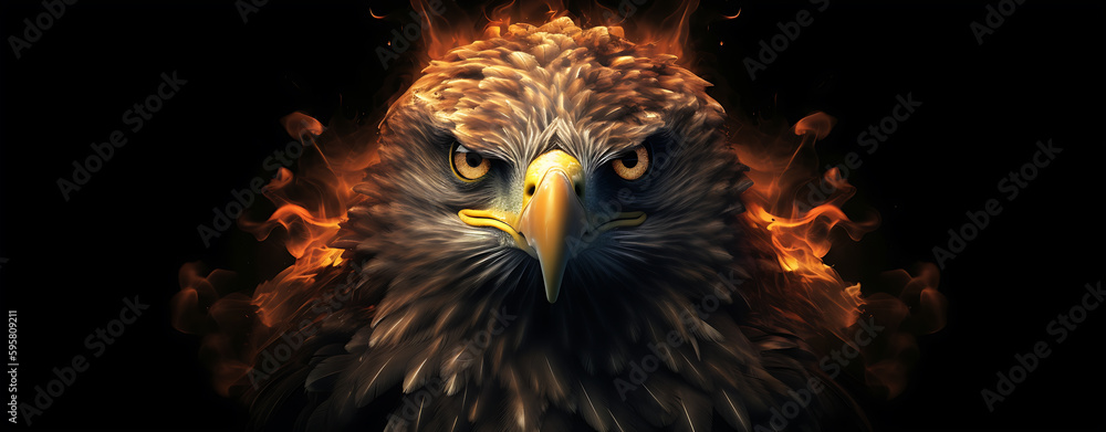 A front of bald eagle head burning fire background. Concept: fierce of ...