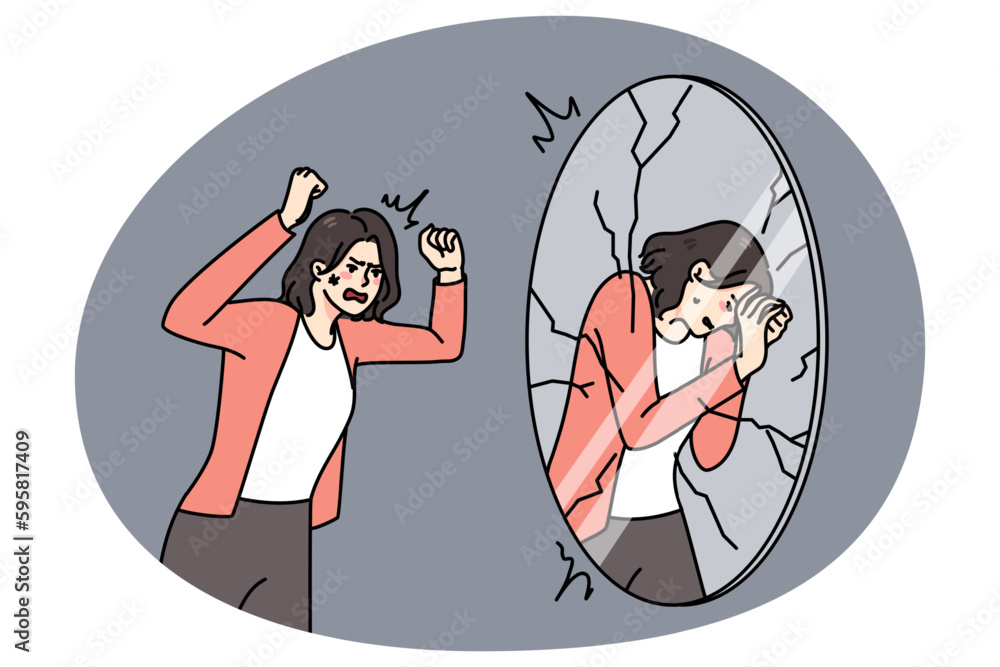Furious young woman shot yell at mirror reflection, shaming and blaming ...