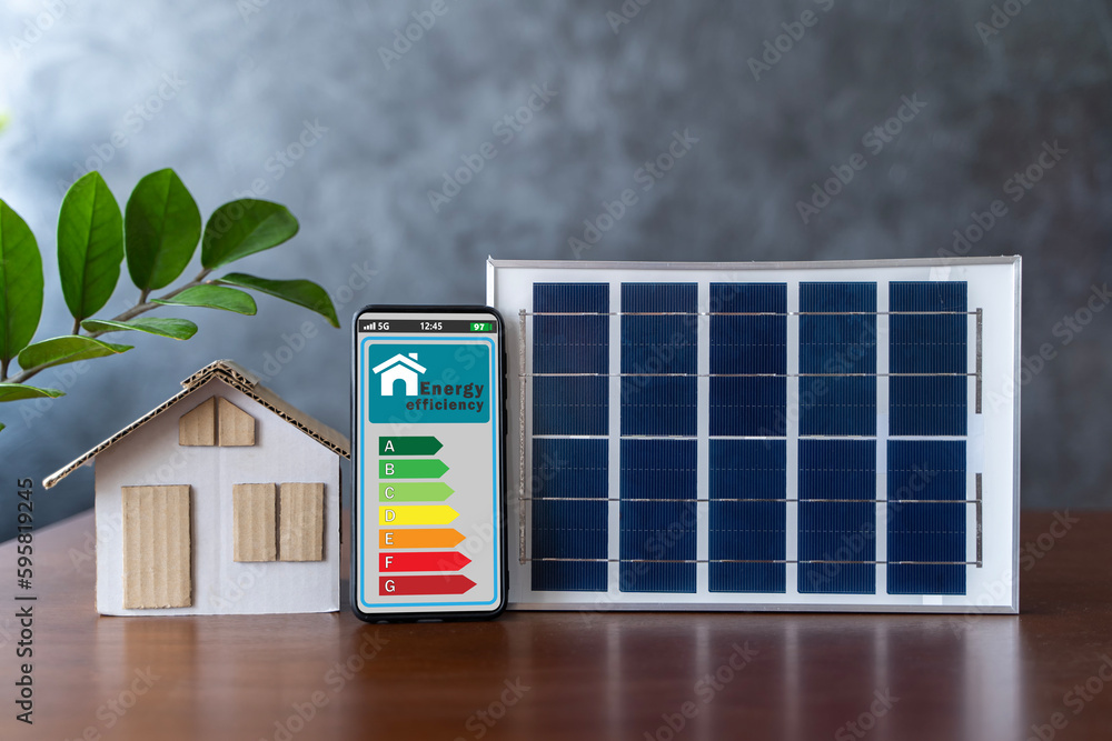 Energy efficiency mobile app on screen rating with arrows and house ...