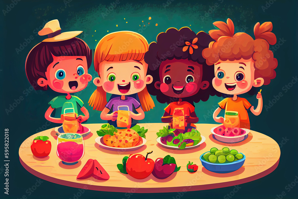 Group of happy cartoon children eating healthy food in school (Generative AI) Stock Illustration ...