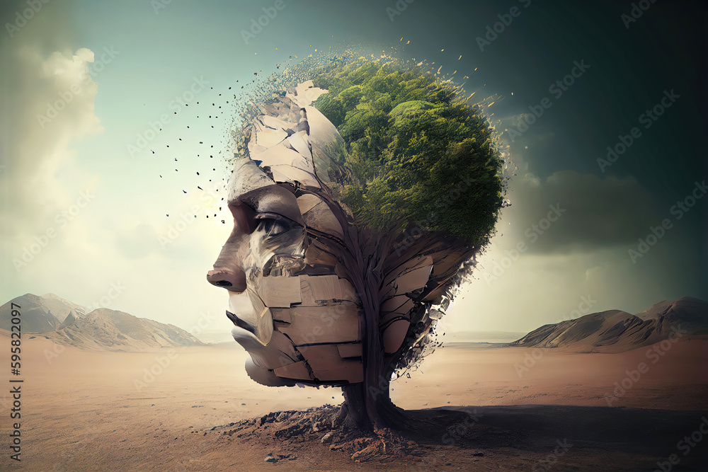 Surrealist illustration of half human face and half tree in desert ...