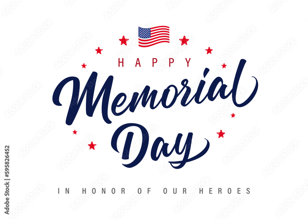 Memorial Day handwritten lettering poster. Calligraphy and wavy flag ...