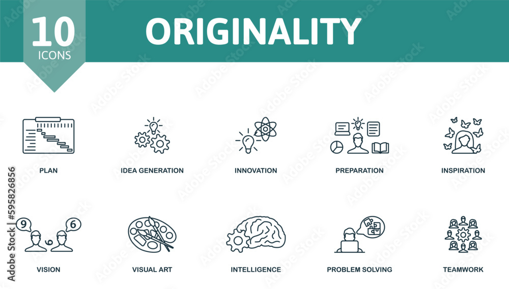 Originality outline set. Creative icons: plan, idea generation ...