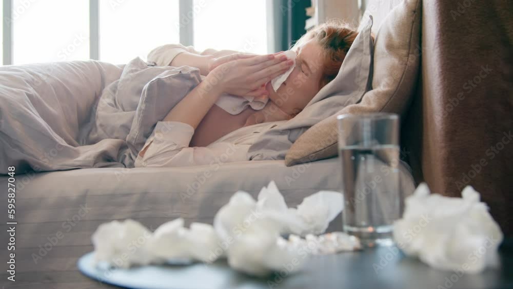 Sick ill Caucasian woman unhealthy girl suffer from flue fever cold ...