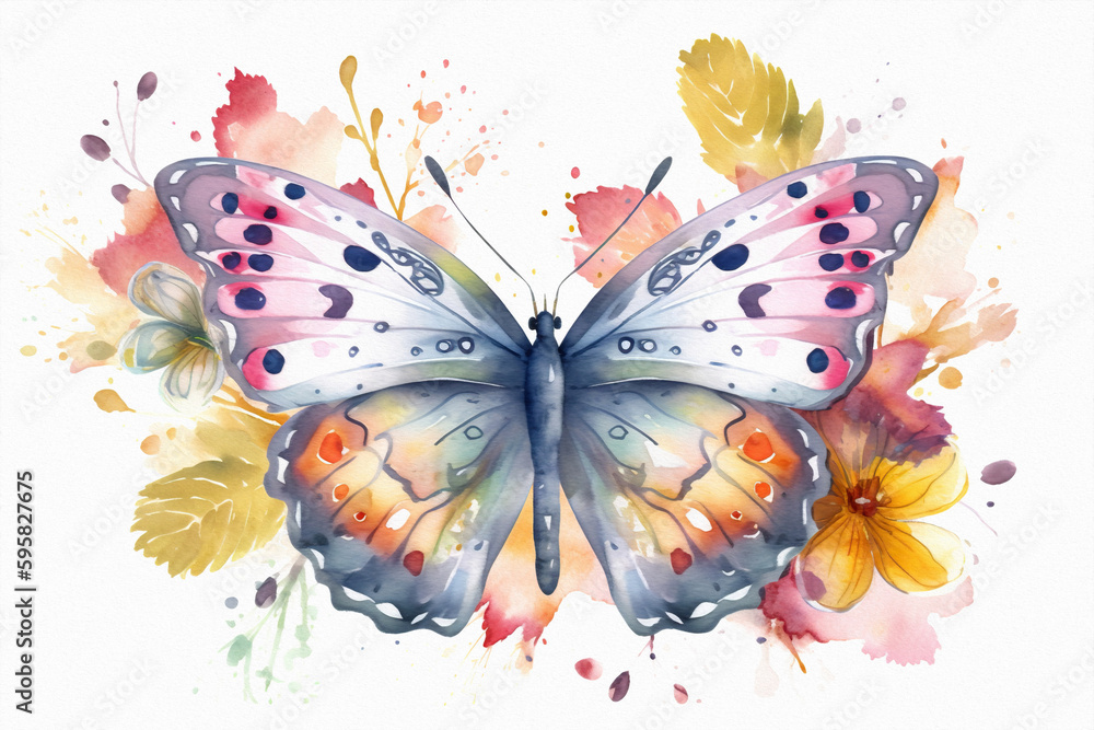 Cute beautiful butterfly, pastel colors, flowers, watercolor ...