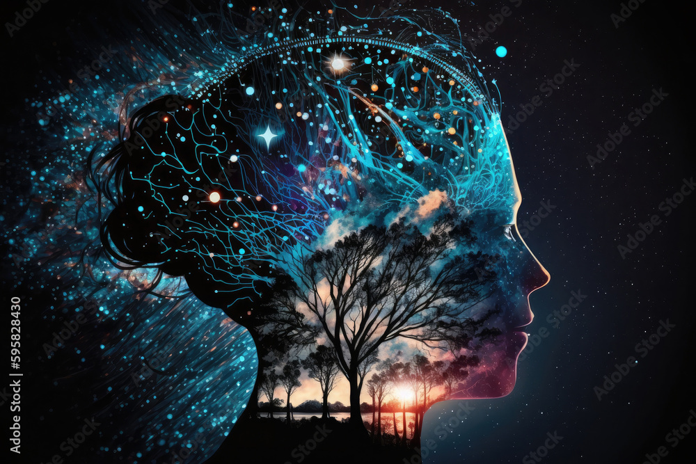 Meditation concept with human head silhouette glowing esoteric neurons ...