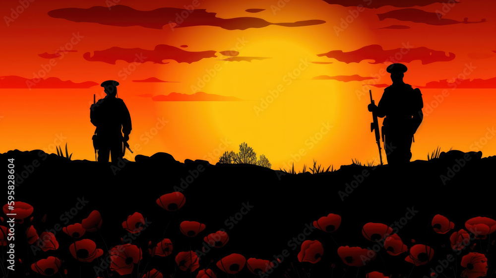 Remembrance Day. Silhouettes of soldiers at poppy field created with ...